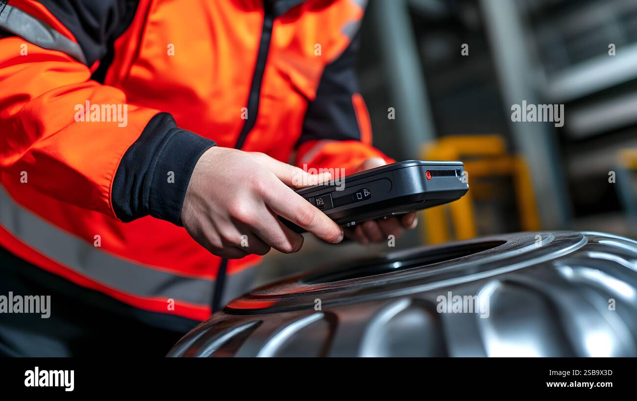 Engineer Inspecting Metal Components with Handheld Scanner on ...