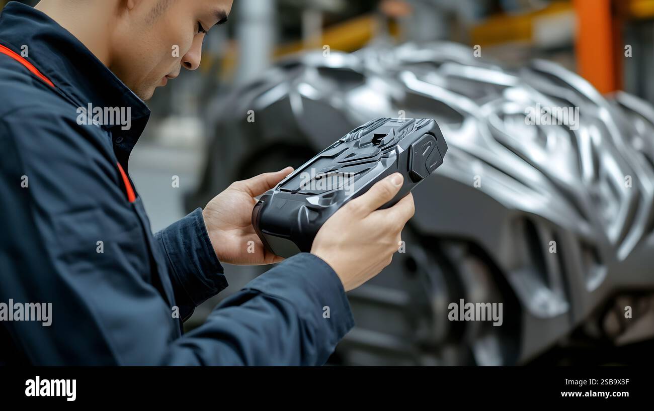 Engineer Holding a Handheld Scanner to Inspect Metal Components On-Site ...