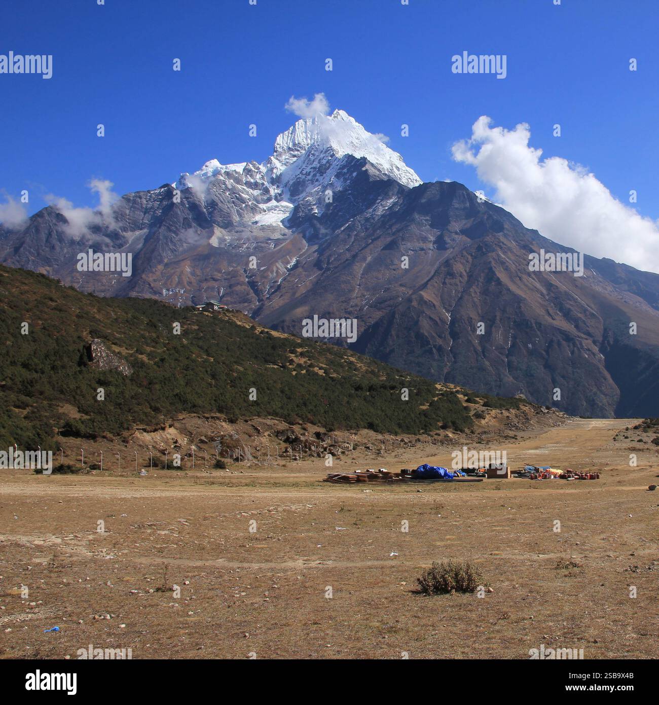 Runway of the old Syangboche Airport and Thamserku, mountain in Nepal ...
