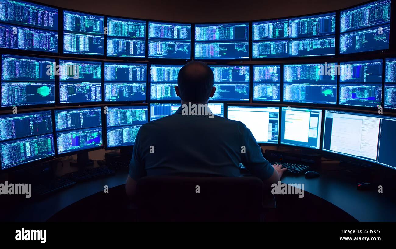 Cybersecurity professional vigilantly monitoring a comprehensive ...