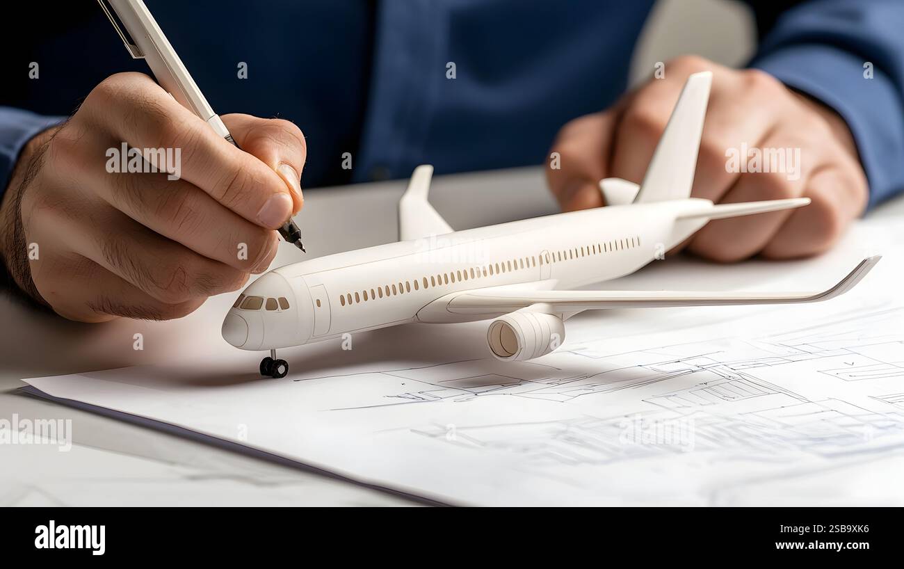 Aerospace engineer meticulously designing a detailed aircraft model on ...