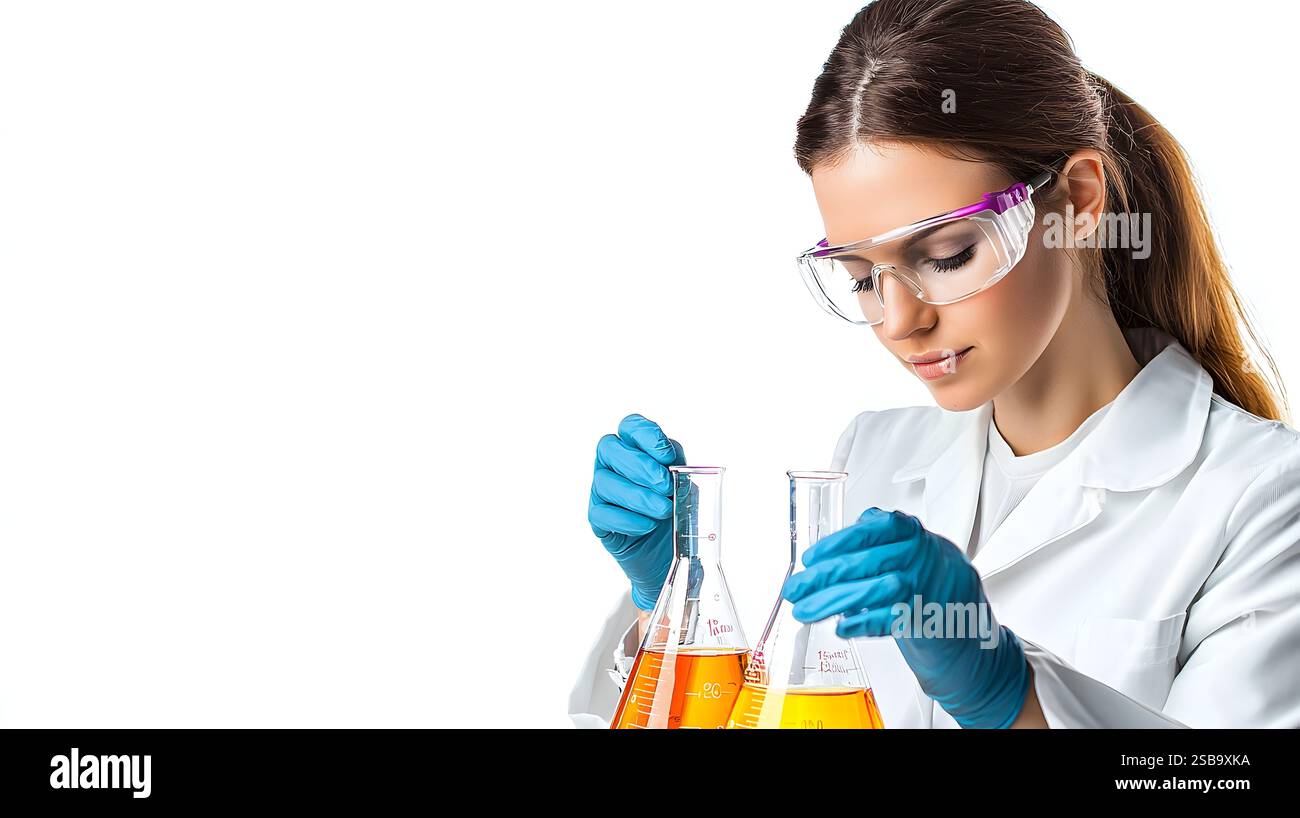 Female chemical engineer wearing a lab coat and safety glasses,working ...