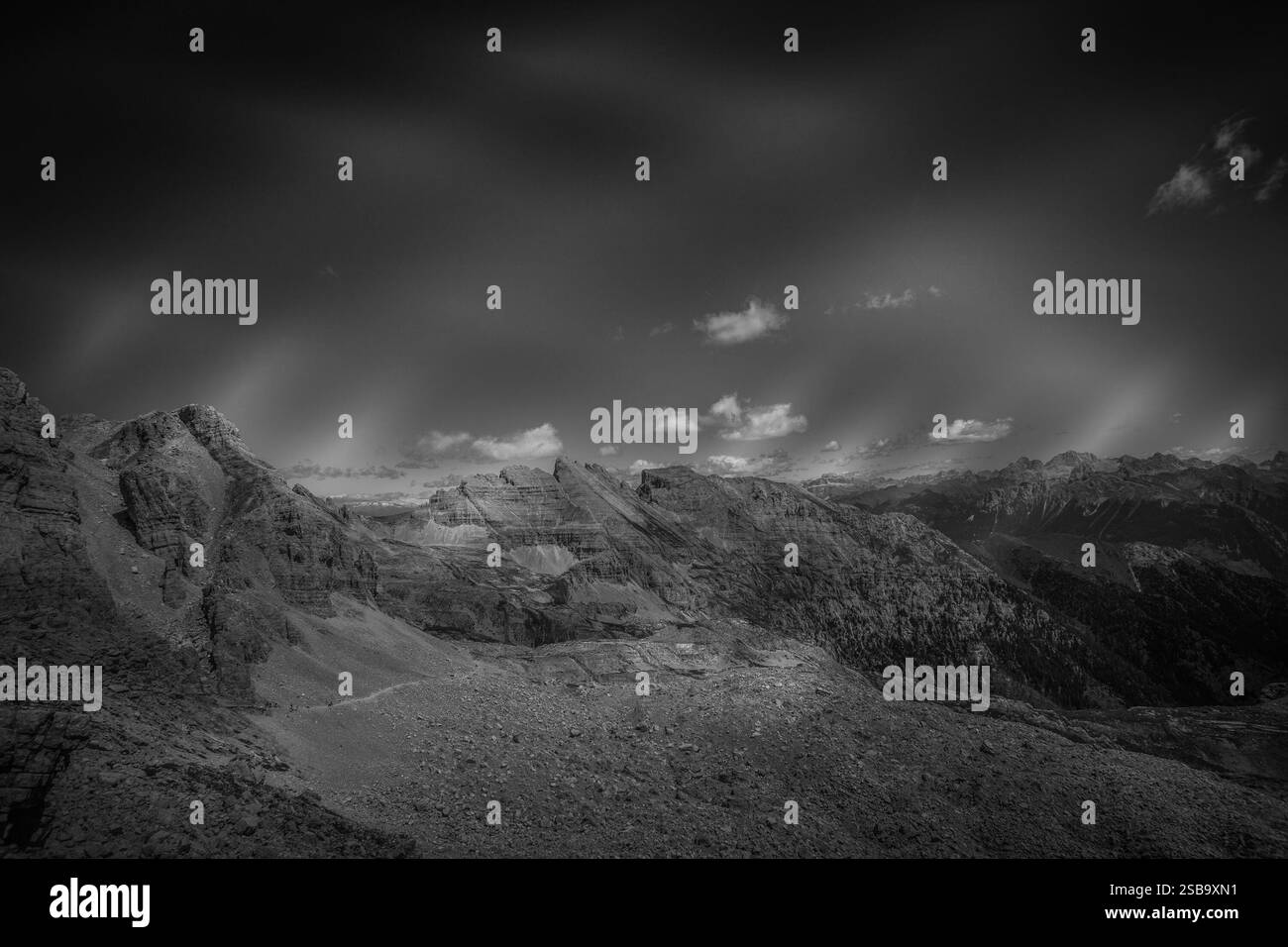 Black and white view of the rocky crests landforms in the Latemar ...