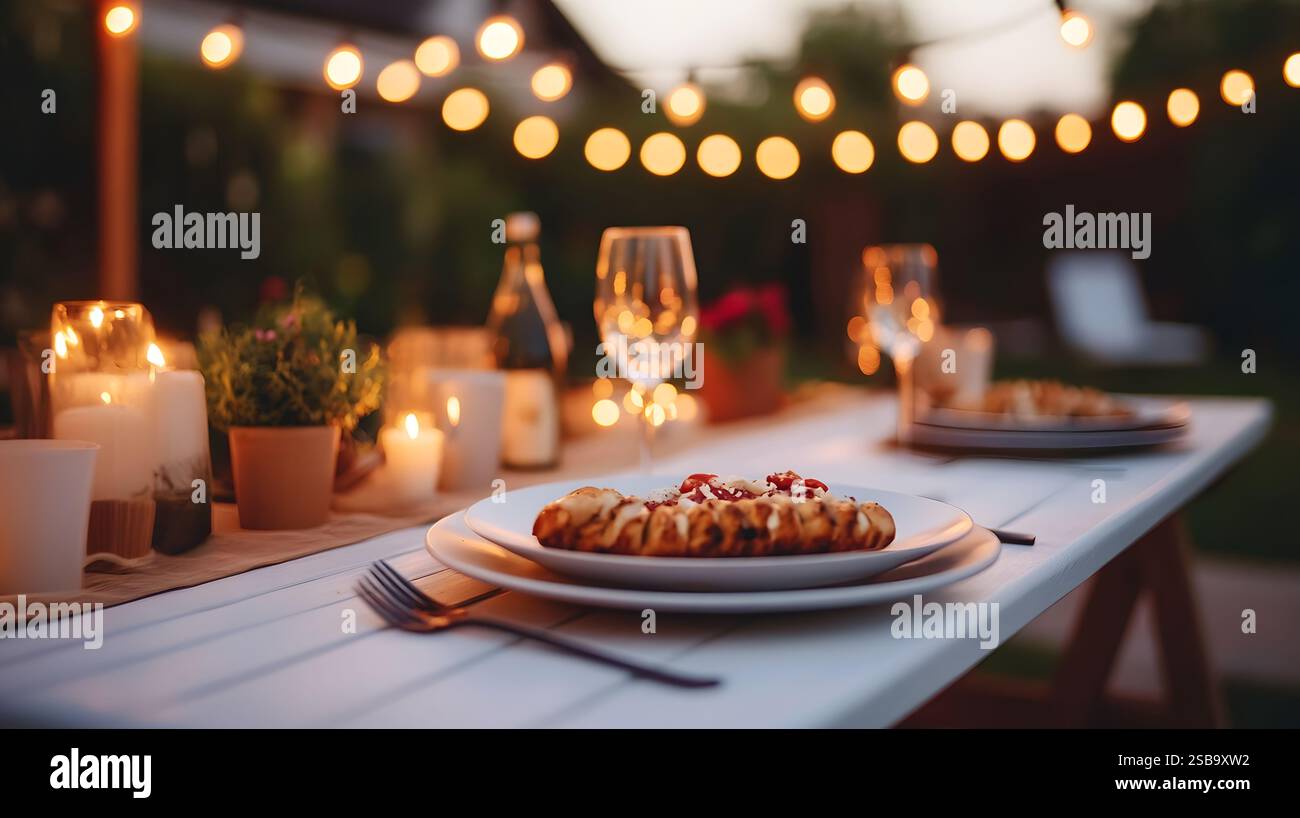 Festive backyard dinner party with strings of illuminating lights ...
