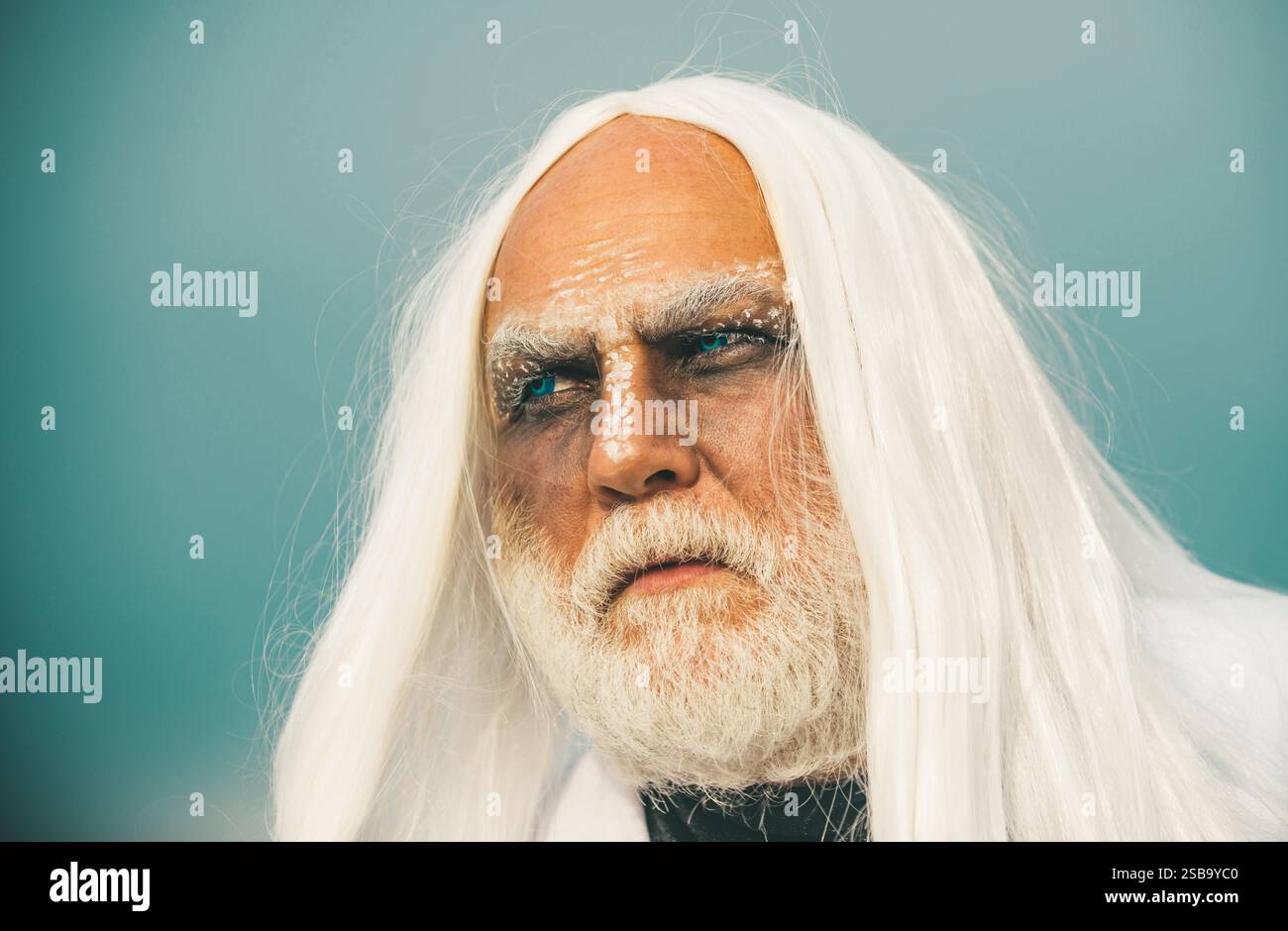 Serious character evil man. Bearded man dressed like Halloween monster ...