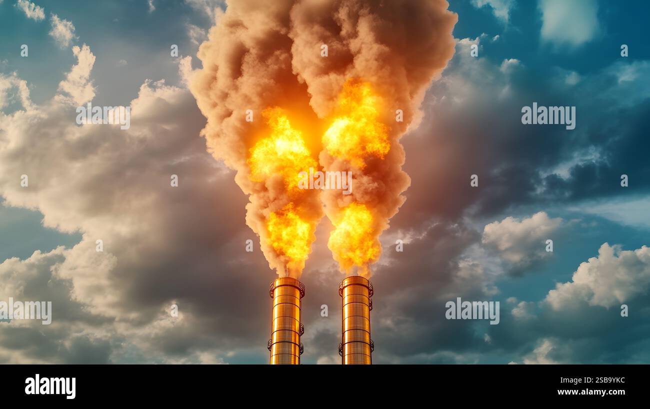 Controlled flares emitting thick smoke from towering industrial ...