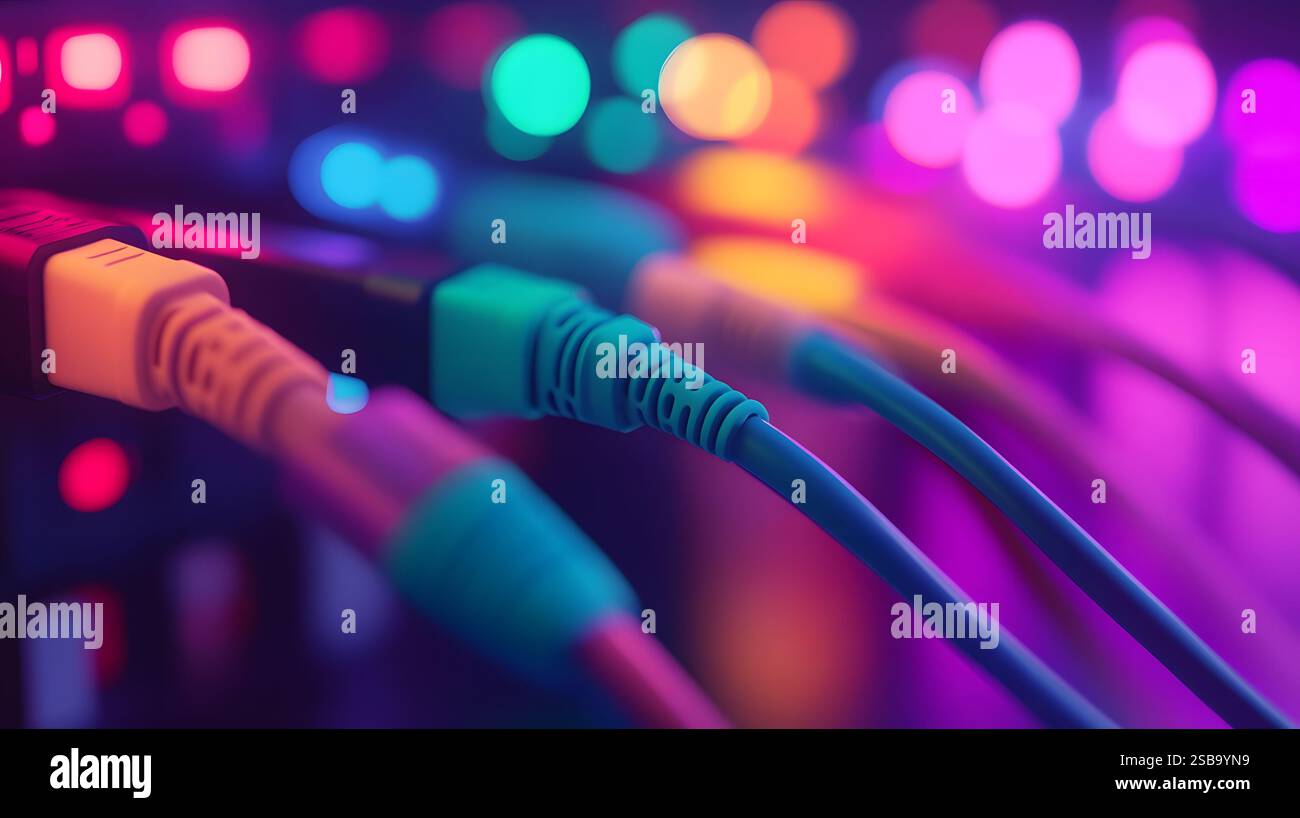 Close-up of Vibrant Ethernet Cables Connected to a Illuminated Server,Representing the Backbone ...