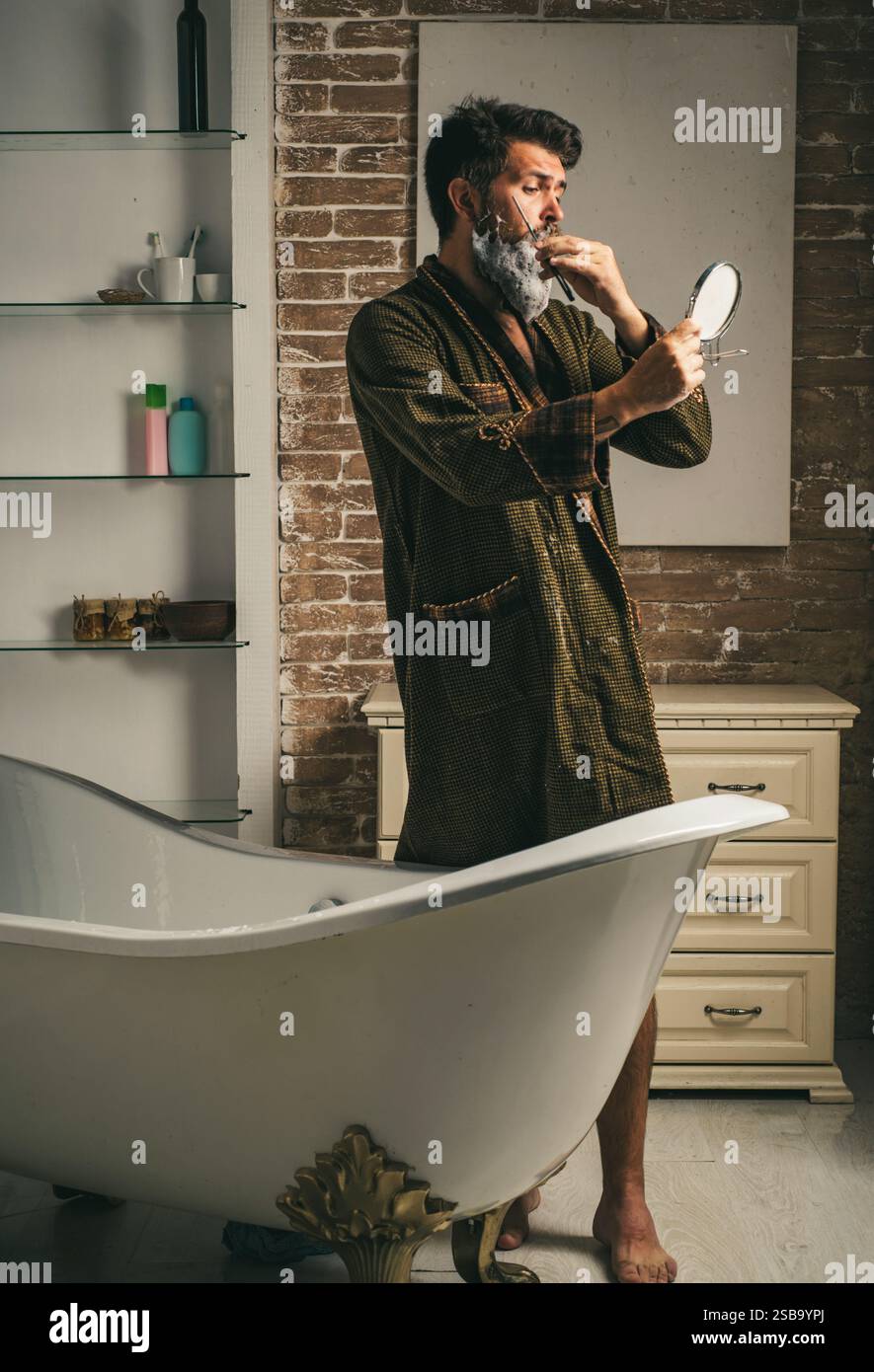 Barber shop tools on old wooden background with copy space. Bearded man ...