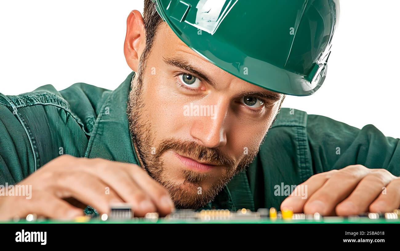 Electrical engineer in green uniform examining and inspecting various ...