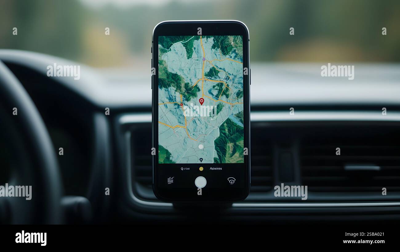 Digital map navigation app displayed on a smartphone mounted on a car ...