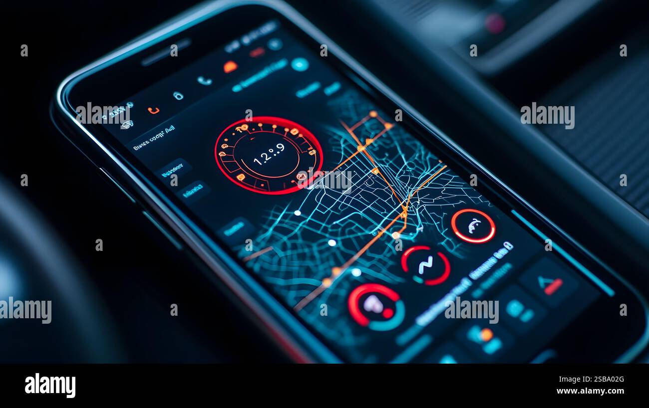 Smartphone navigation app interface displayed on a car dashboard ...
