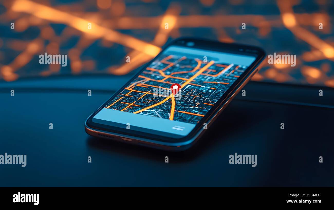 Smartphone displaying digital map navigation app on car dashboard,ideal ...