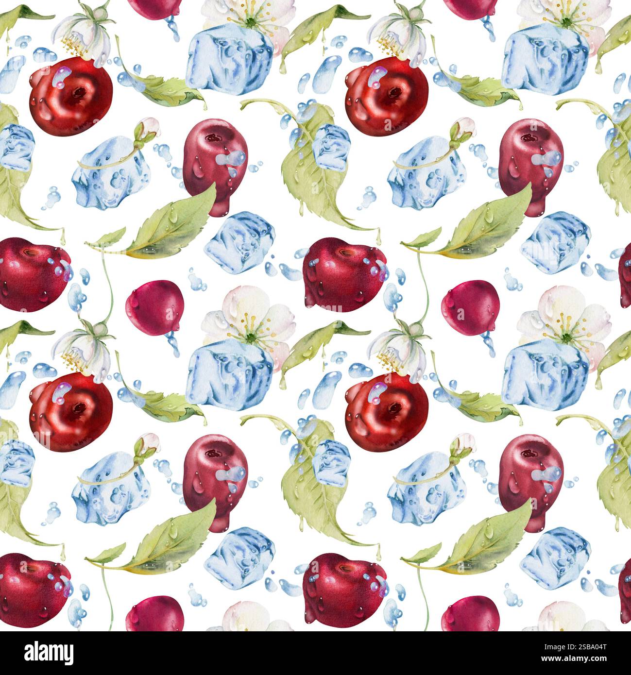 Sweet sour cherry cerise flying in water splashes drops, ice cubes ...