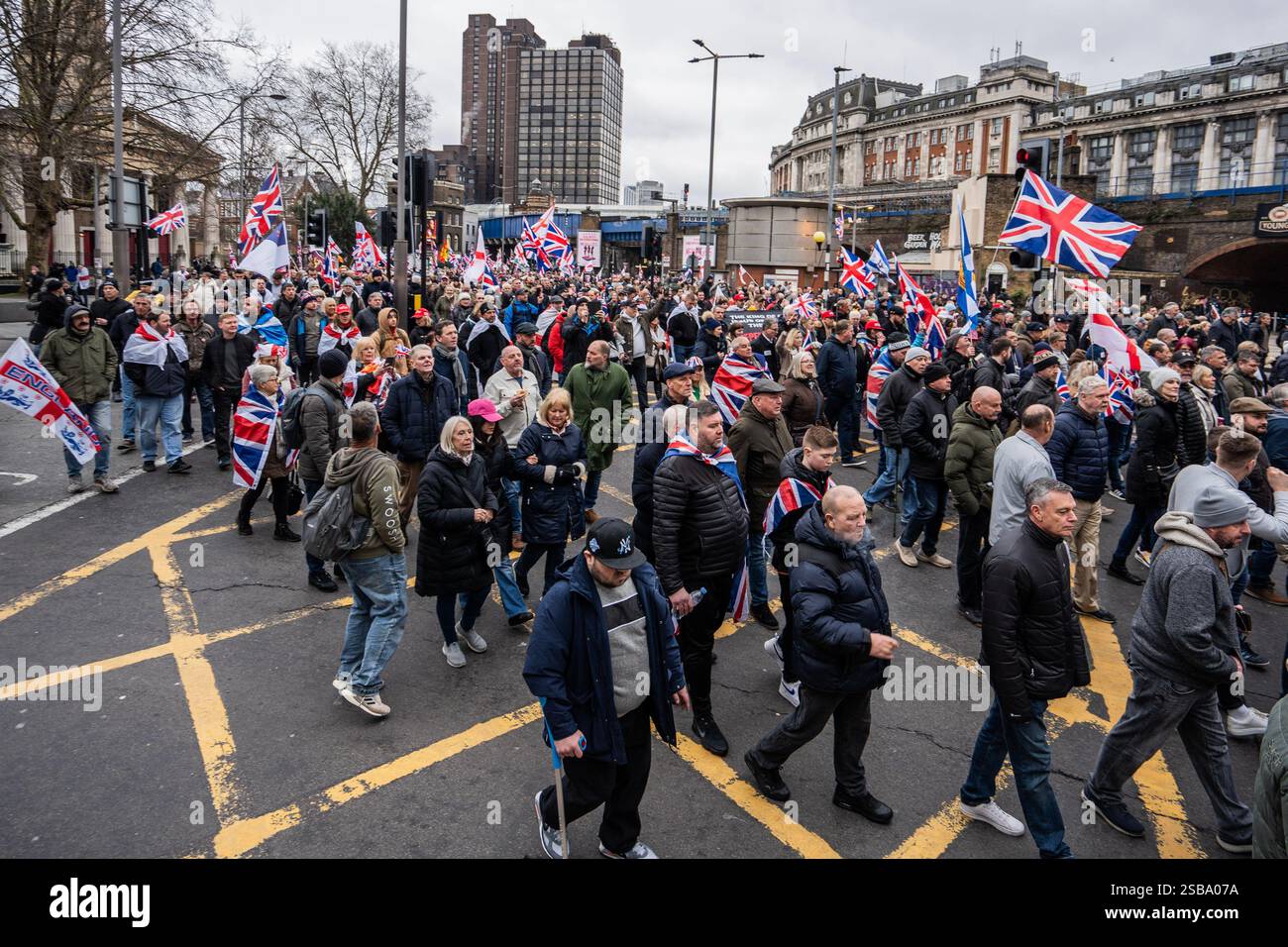 London, UK. 01st Feb, 2025. Protesters gather outside Waterloo Station ...