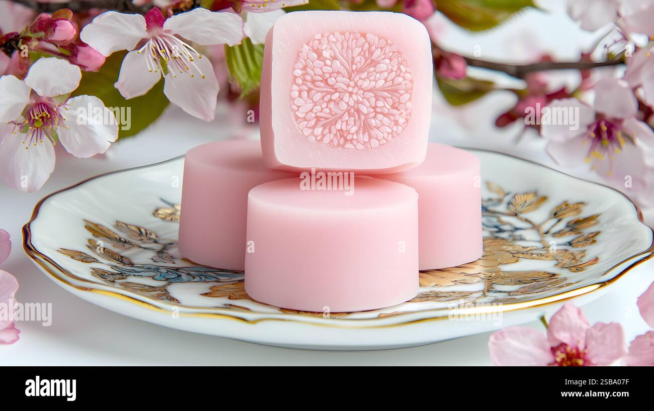 Beautifully presented pink sakura mochi rice cakes,a traditional ...