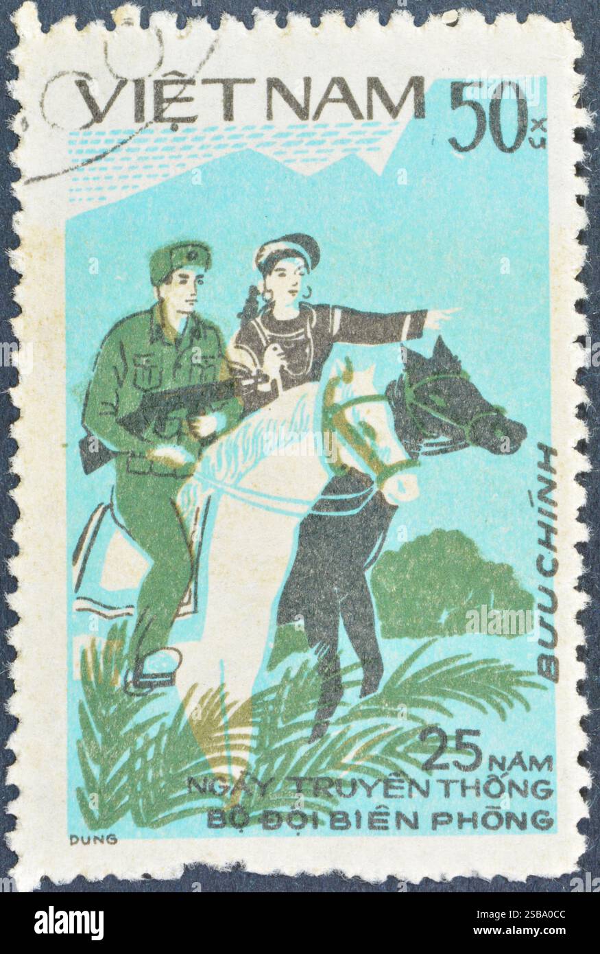 Cancelled postage stamp printed by Vietnam, that shows Mounted Frontier ...