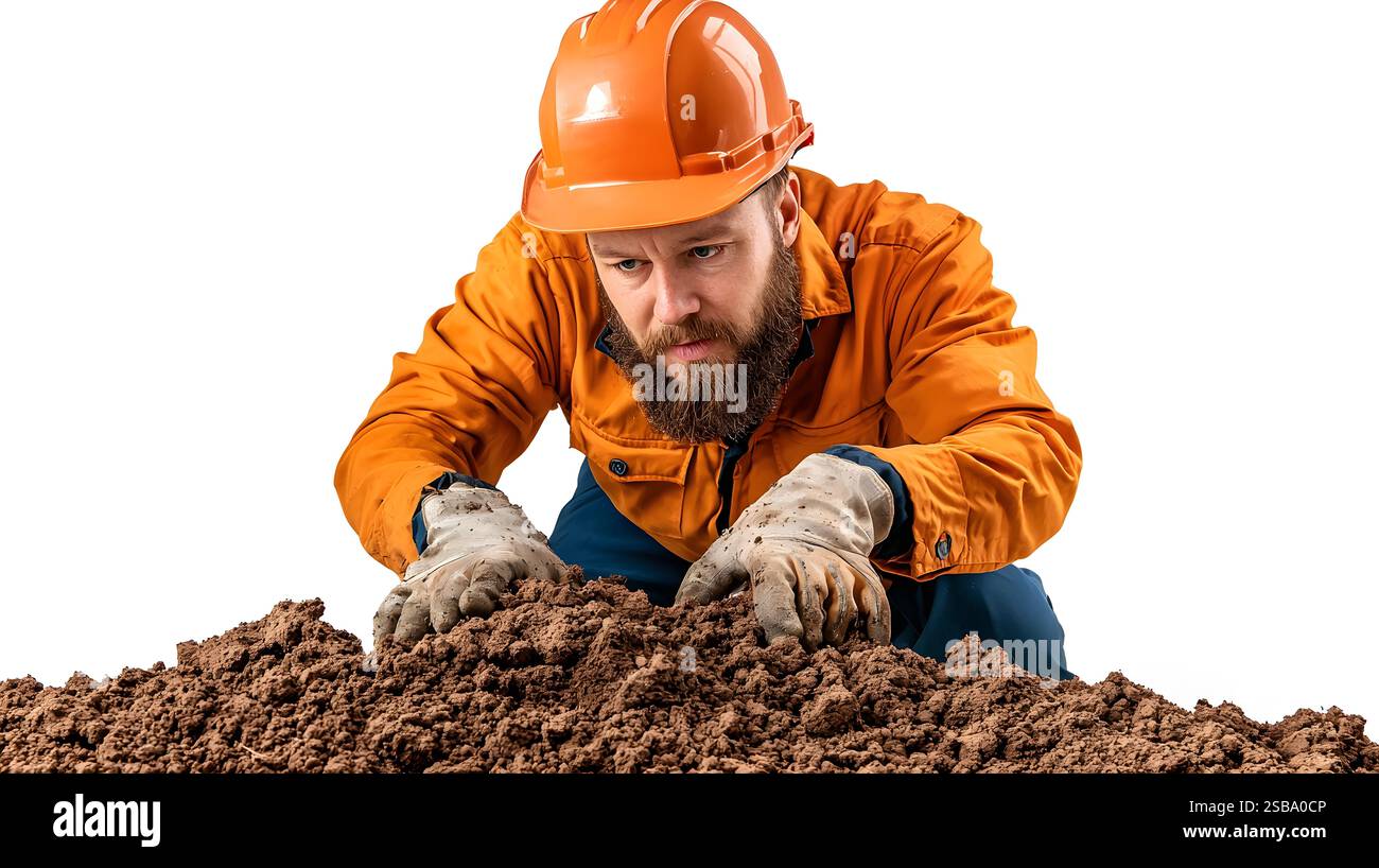 Portrait of a geotechnical engineer in orange workwear examining soil ...