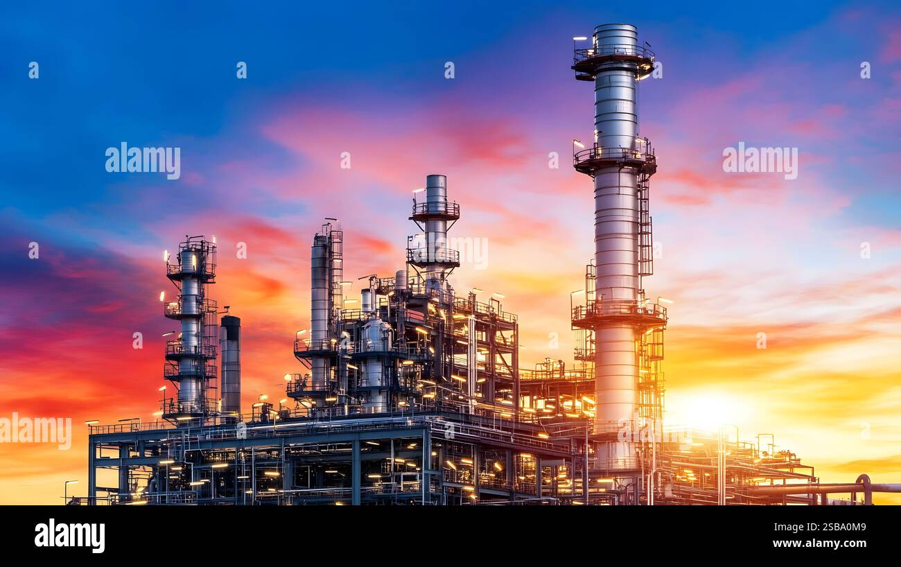 depiction of a silhouetted refinery plant complex set against a vibrant ...