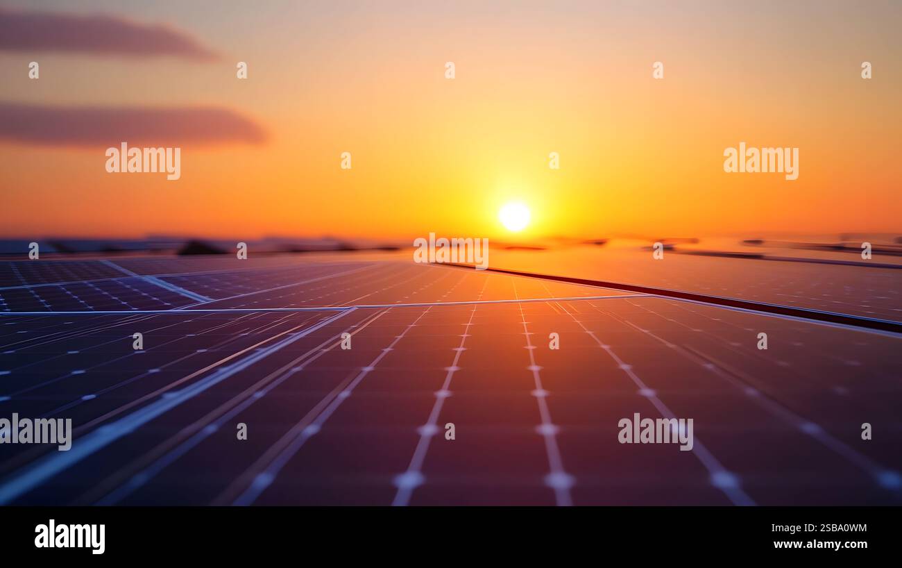 Expansive solar panel farm set against a vibrant sunset sky,showcasing ...