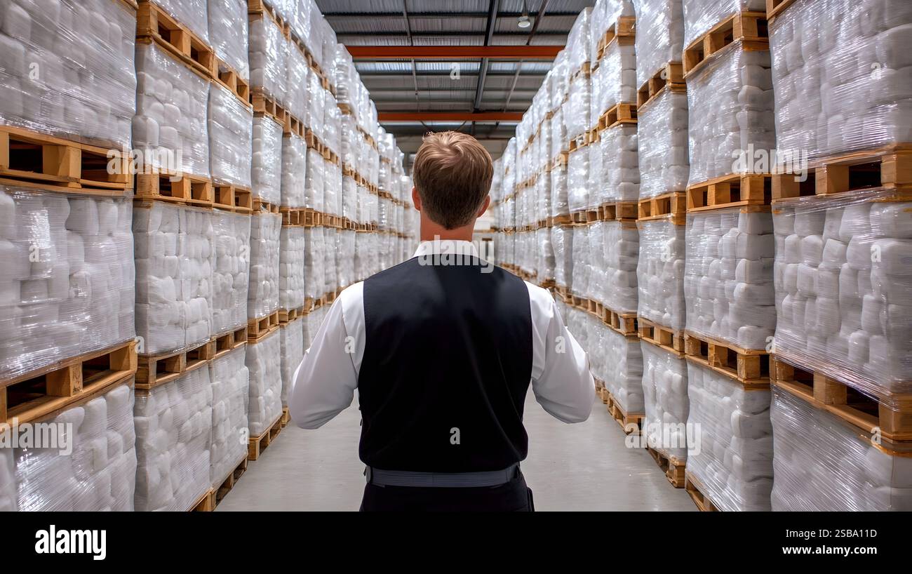 Warehouse storage inspection by food safety auditor examining storage ...