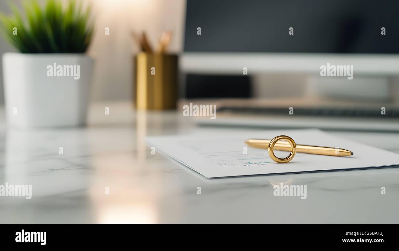 Clean,minimalist desk setup with a business report,financial charts,and ...