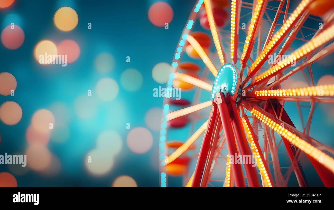 Colorful and Illuminated Carnival Scene with Vibrant Ferris Wheel and Other Amusement Rides ...