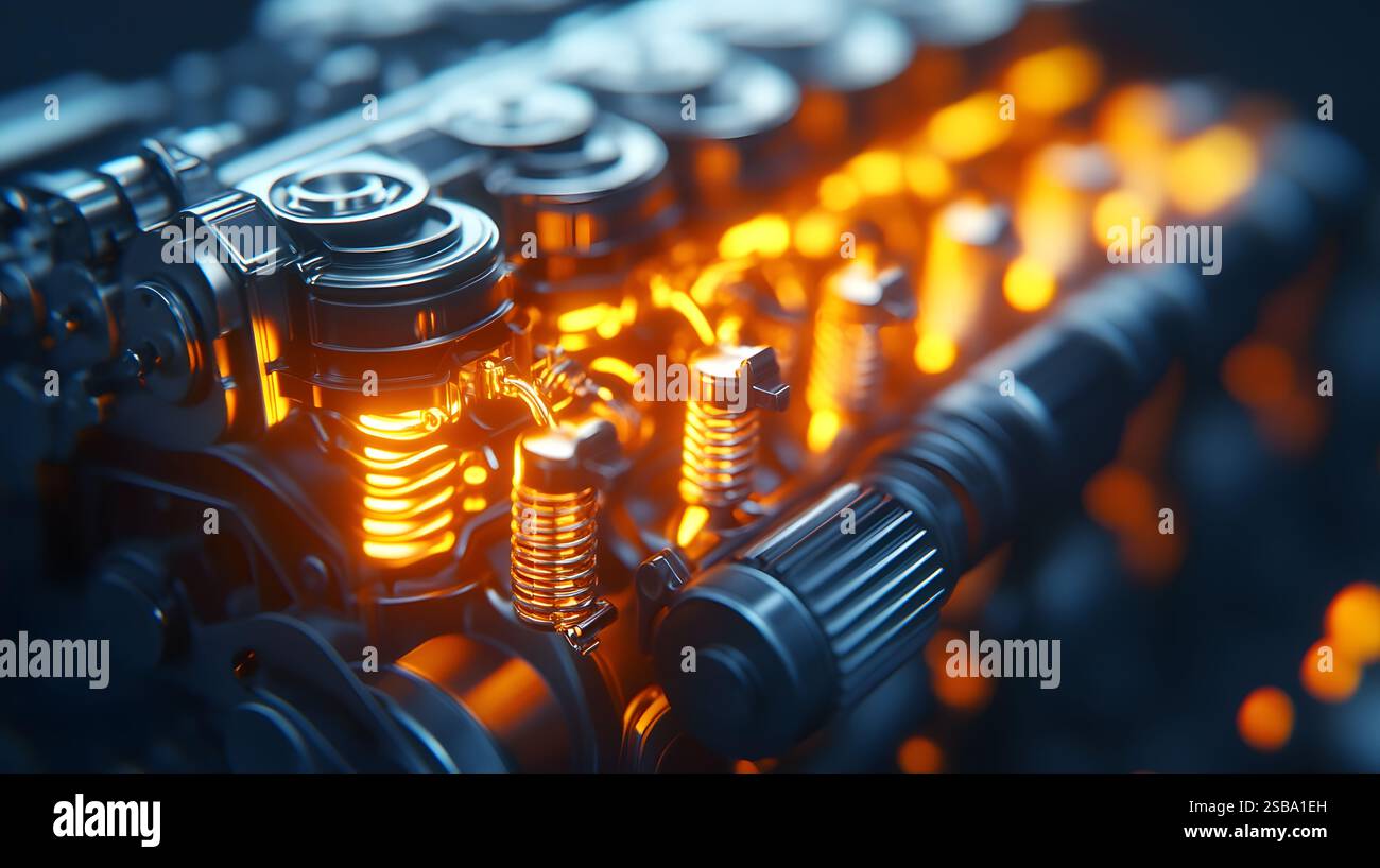 Simplified engine with glowing and luminous mechanical components ...