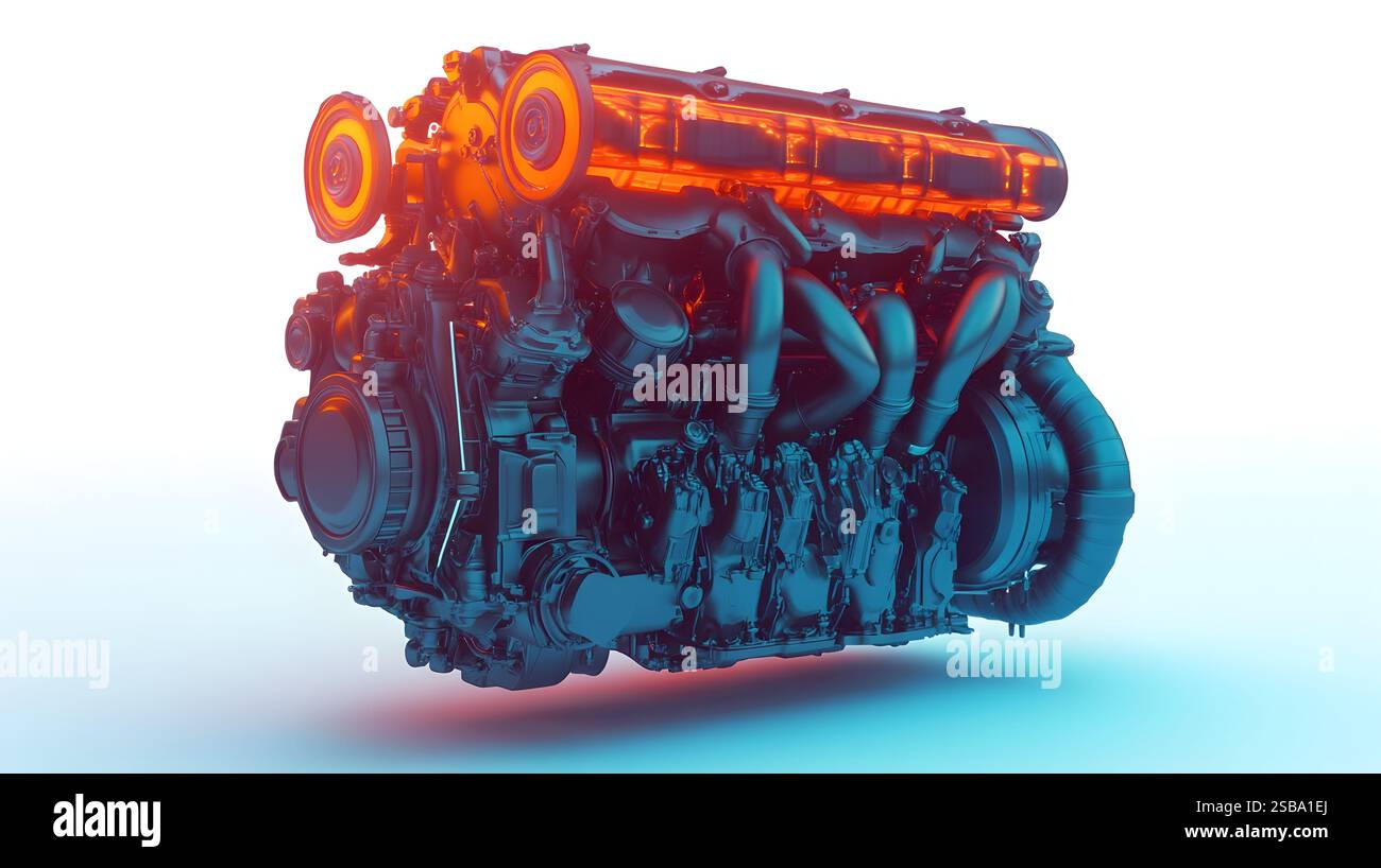 Simplified Glowing Engine Components Isolated on White Background 3D ...