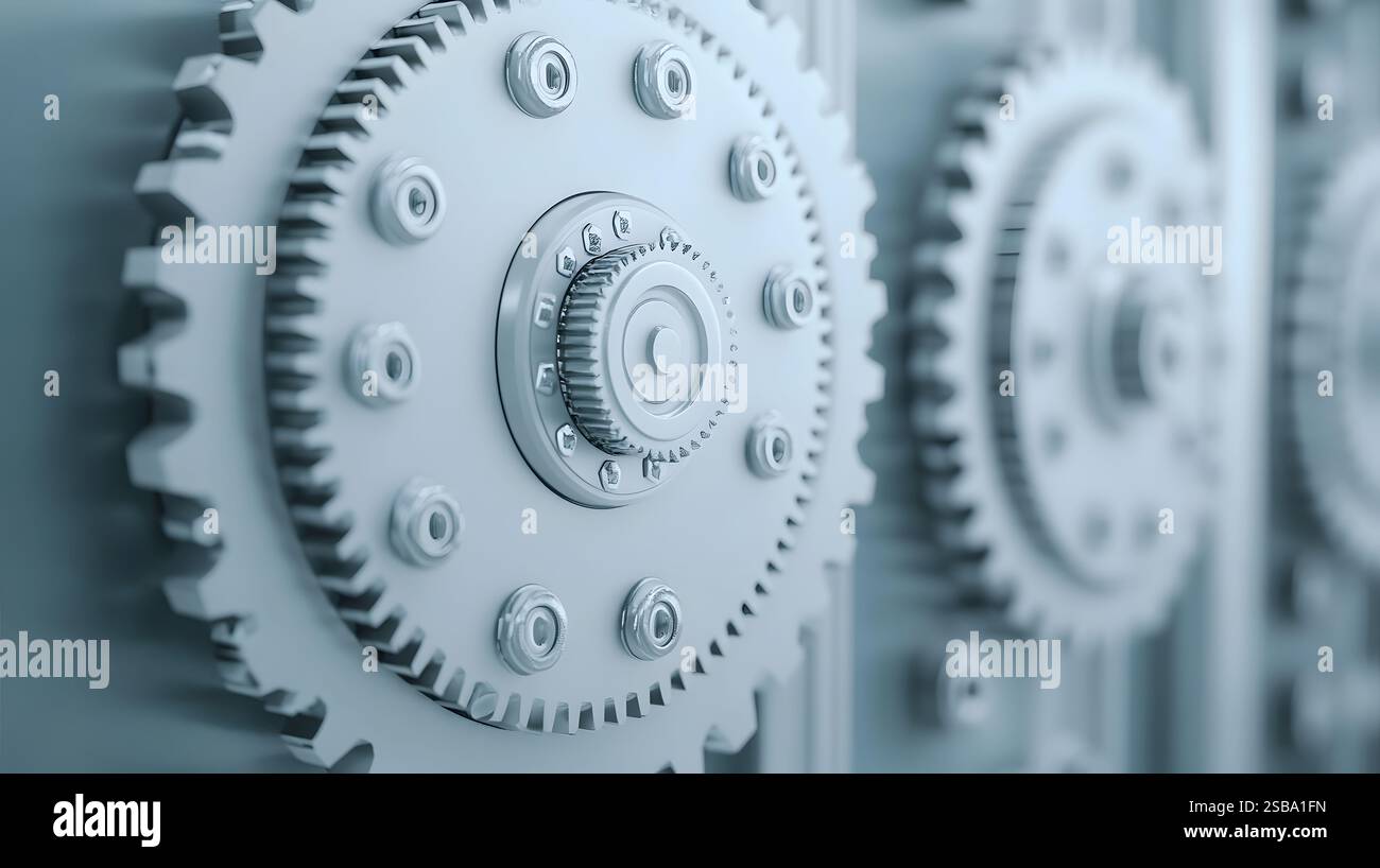 Interconnected industrial gear mechanism with rotating cogs and metal ...