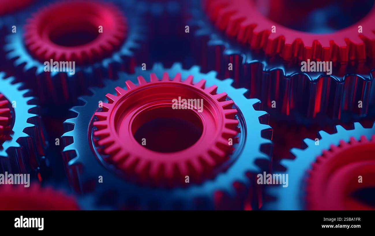 Interconnected industrial gear mechanism with cogwheels and cogs in dynamic rotational motion,3D ...
