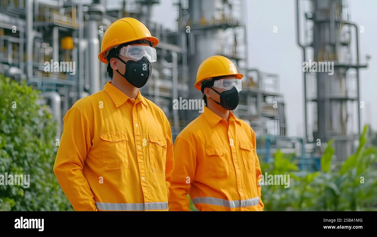 Two refinery workers in orange protective uniforms and safety masks ...