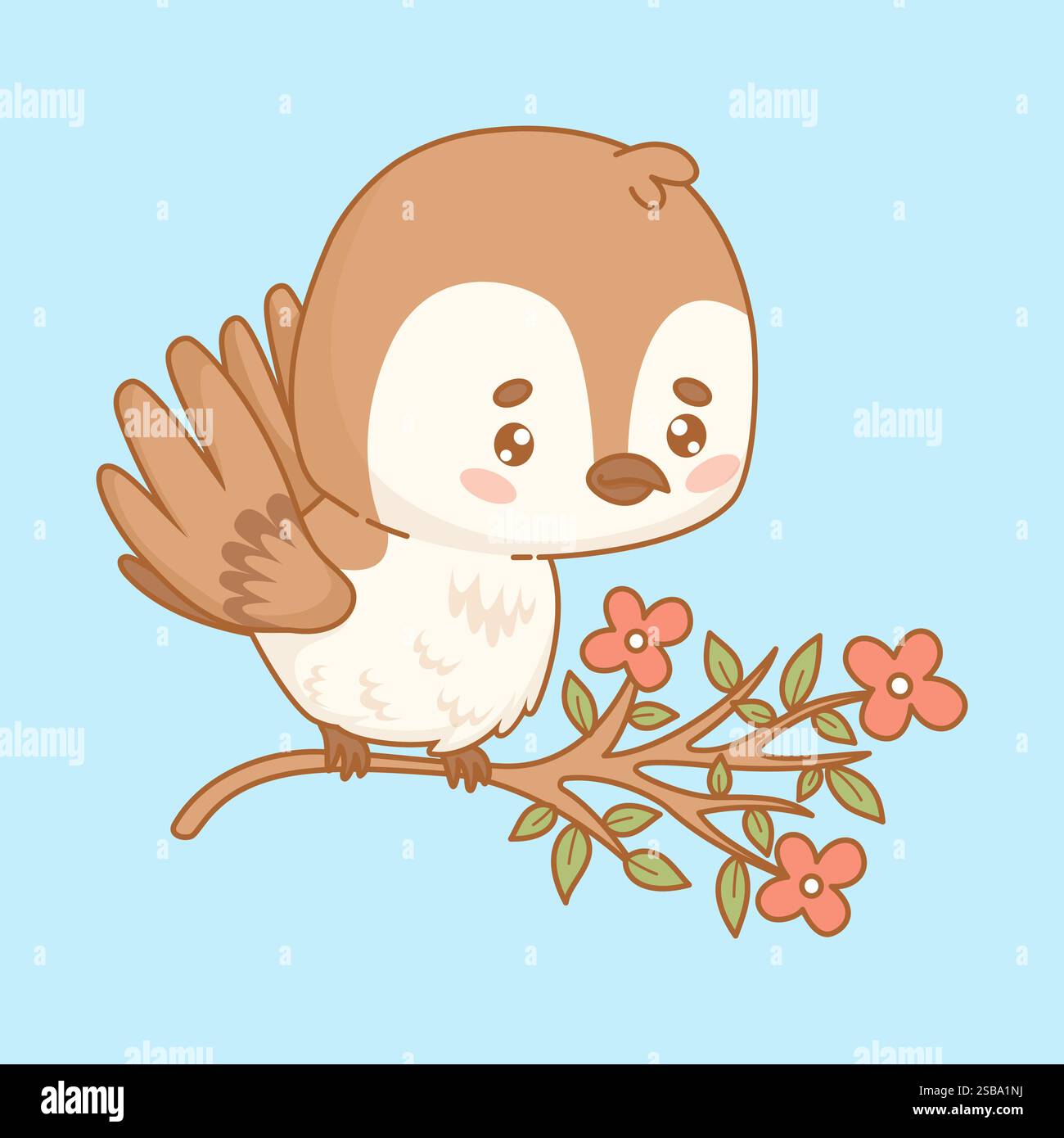 Cute cartoon sparrow on blooming branch. Funny kawaii character little ...