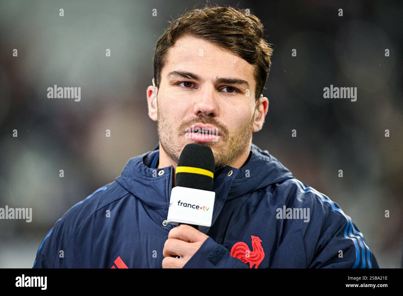 Antoine Dupont during a TV interview during the 6 or Six Nations Championship rugby match France ...