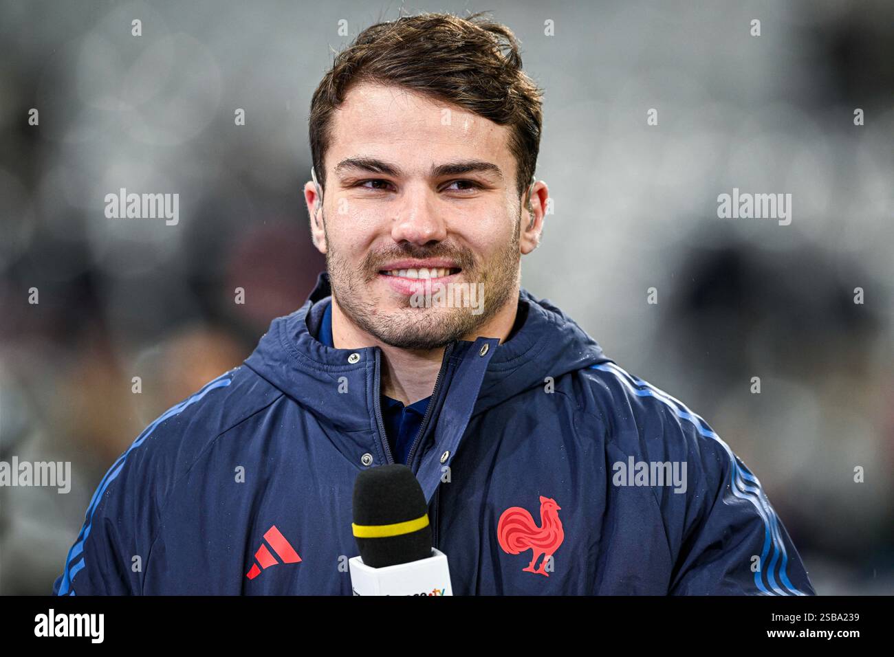 Antoine Dupont during a TV interview during the 6 or Six Nations Championship rugby match France ...