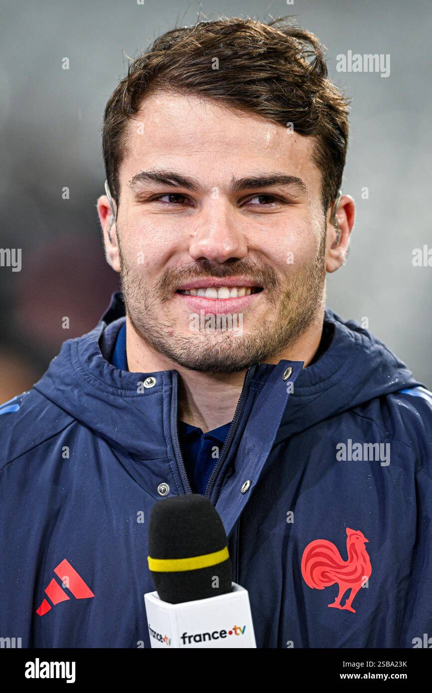 Paris, France. 01st Feb, 2025. Antoine Dupont during a TV interview during the 6 or Six Nations ...