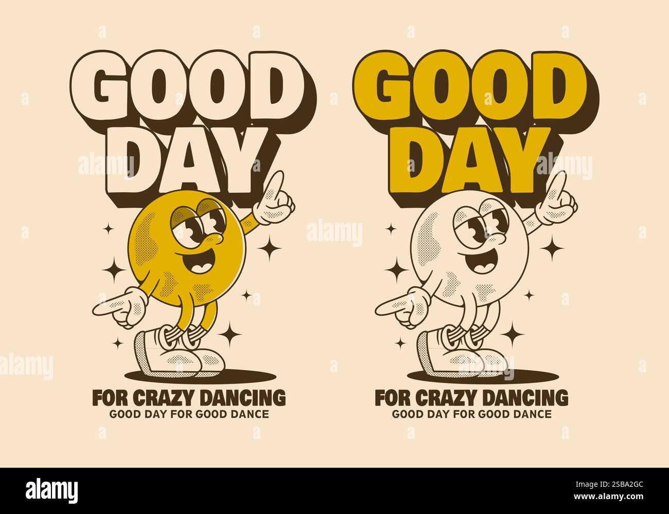 Retro ball head character illustration in dance pose, in 2 color ...