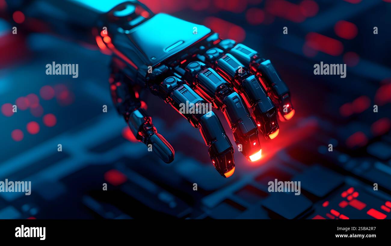 Futuristic 3D of a high-tech mechanical claw gripping and holding a ...