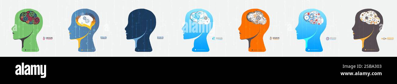 Collection of seven android heads. Image of artificial intelligence ...