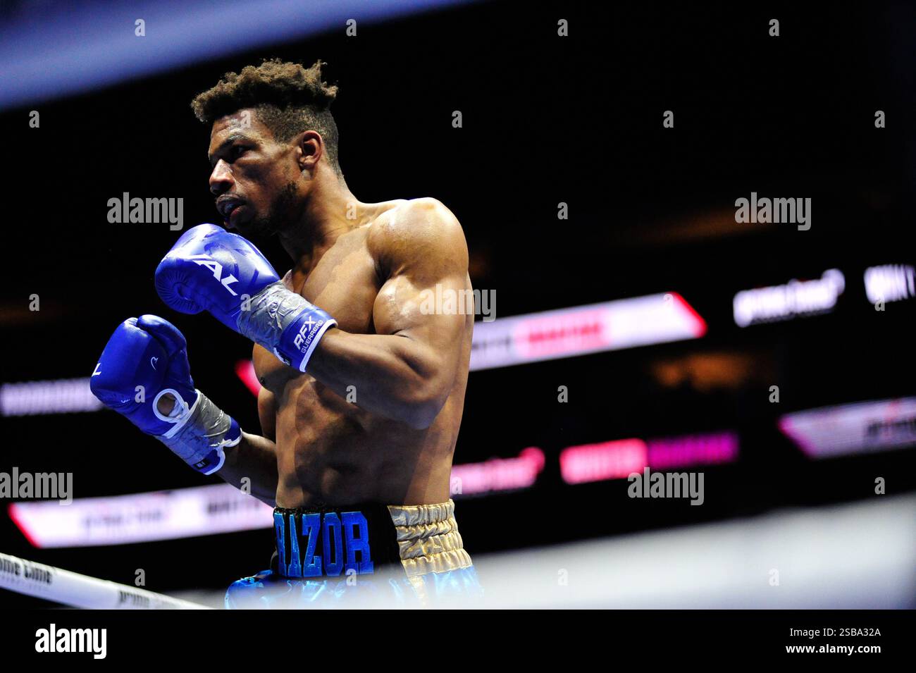 Newark, USA. 01st Feb, 2025. Rommell Toran (blue and gold shorts) fell to John Vallejo by way of ...