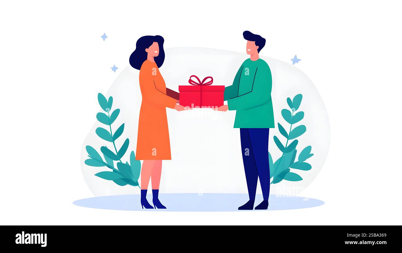 A smiling sales representative enthusiastically offers a gift ...