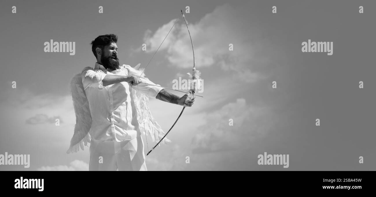 Valentines Day banner. Crazy bearded angel man aiming with the arrow ...