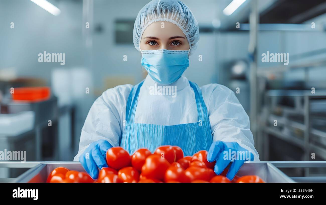 Worker in a Sanitized Food Factory Packaging Food Products with Mask ...
