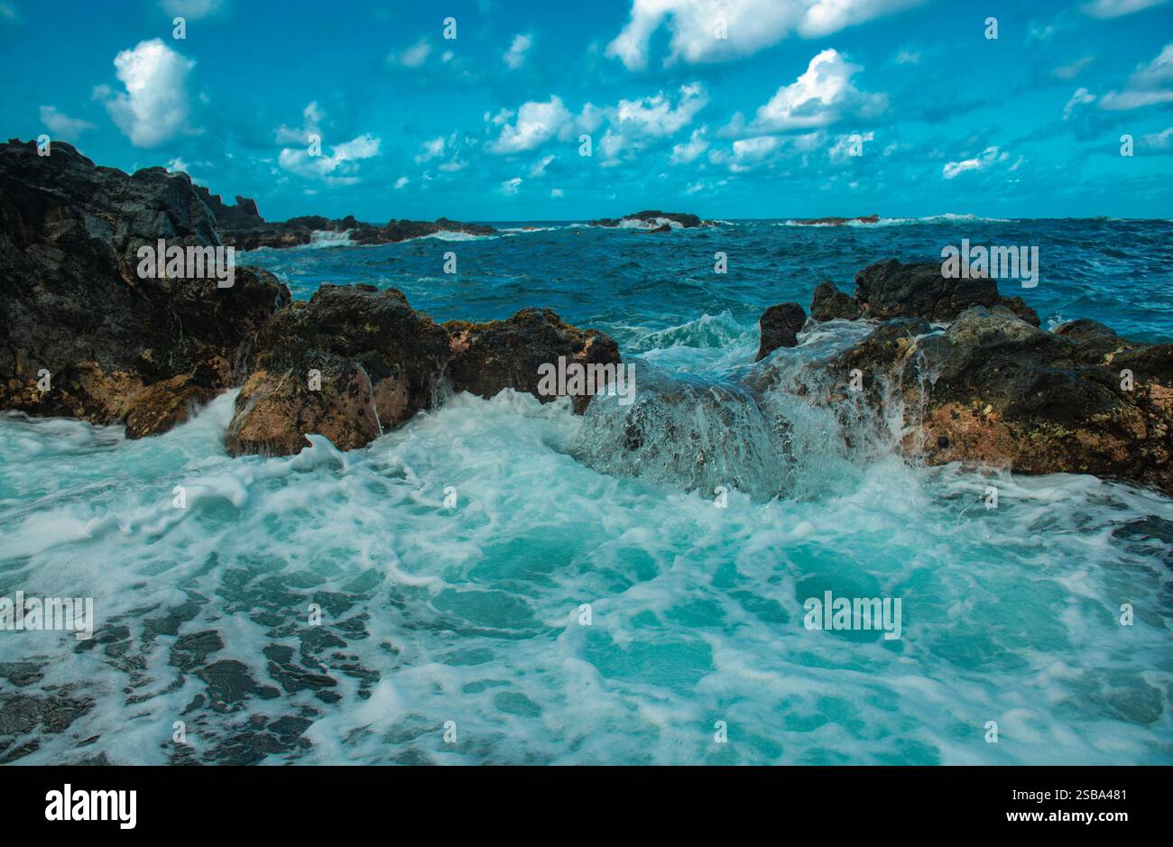 Wave hit the rock at beach, sea water splash at sea. Seascape. Splashes ...