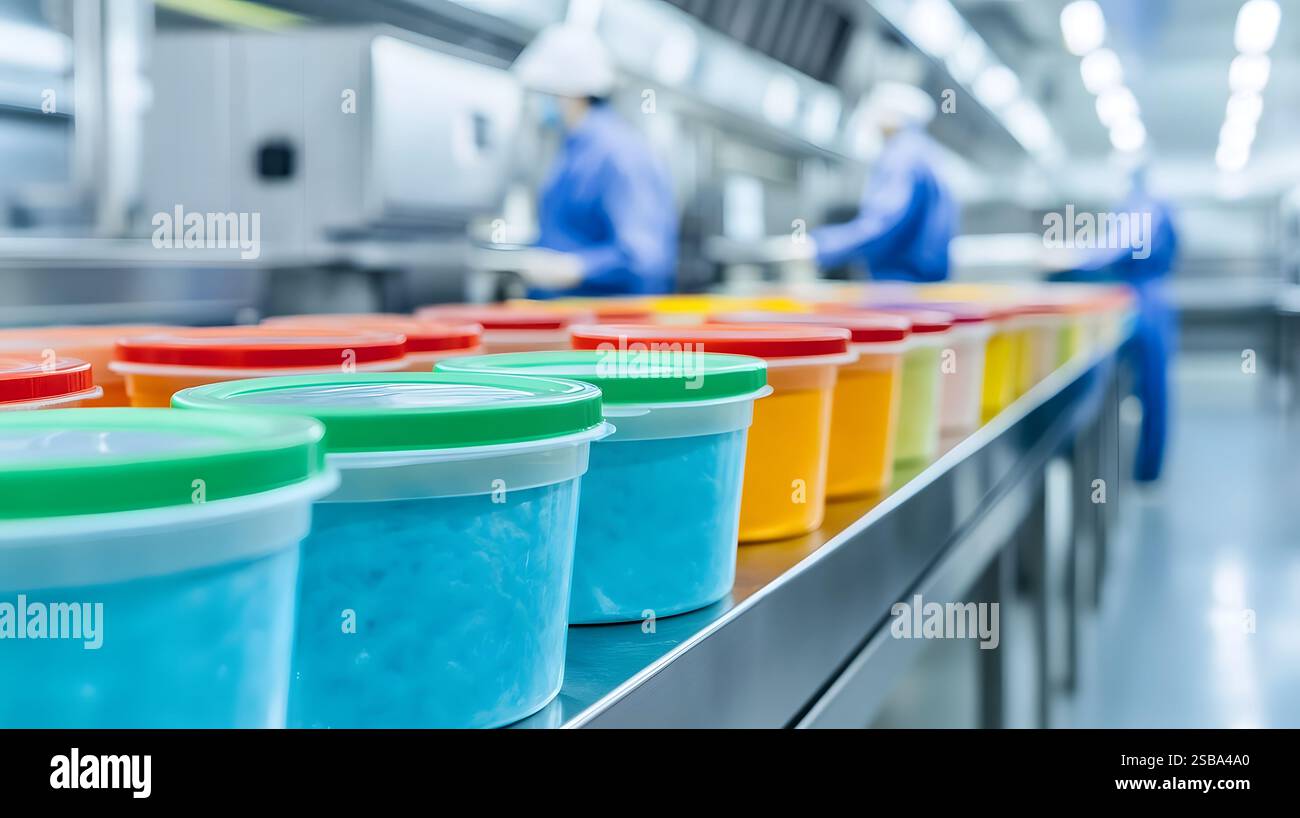 Close-up view of sealed and labeled food containers lined up in a ...