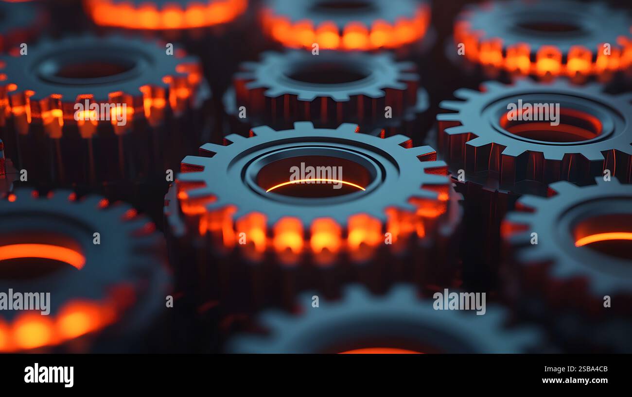 Interlocking gears and cogs with glowing edges Stock Photo - Alamy