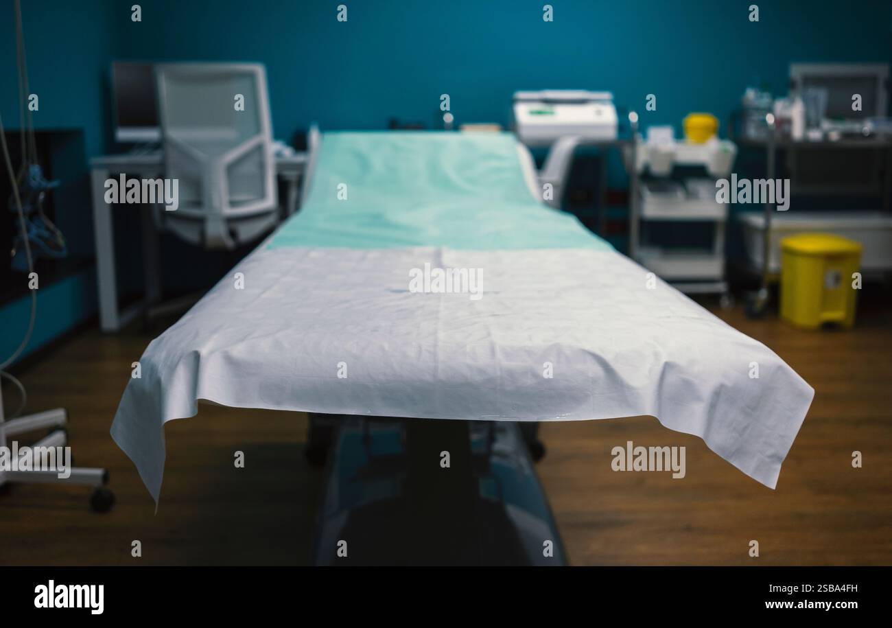 Details of the table in the clinic, focus on the front of the bed ...