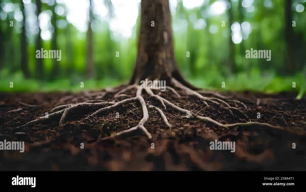 Closeup of robust tree roots intertwined and embedded in the rich ...