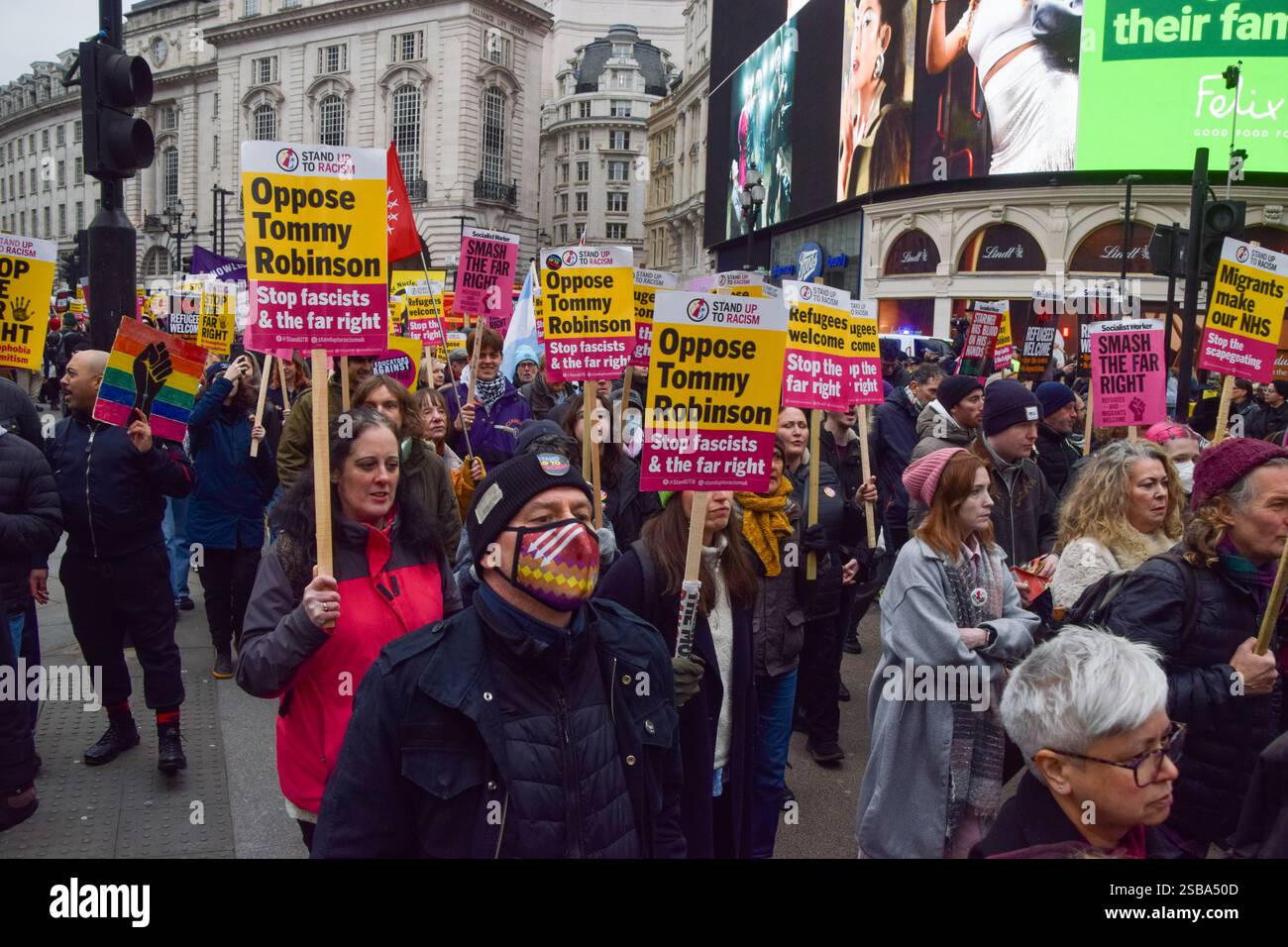 London, UK. 1st February 2025. Protesters pass through Piccadilly ...