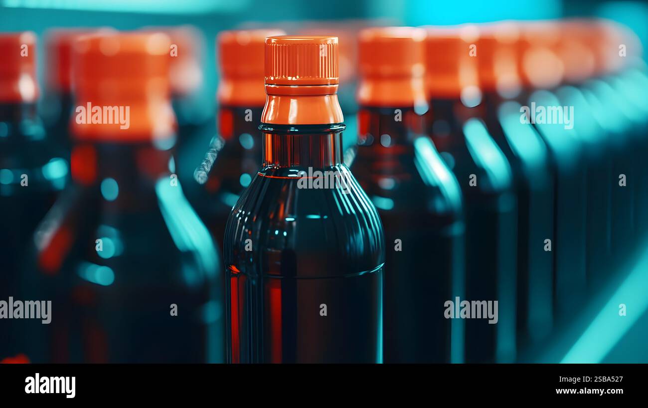 Automated control scanner inspecting a row of bottled beverages passing ...