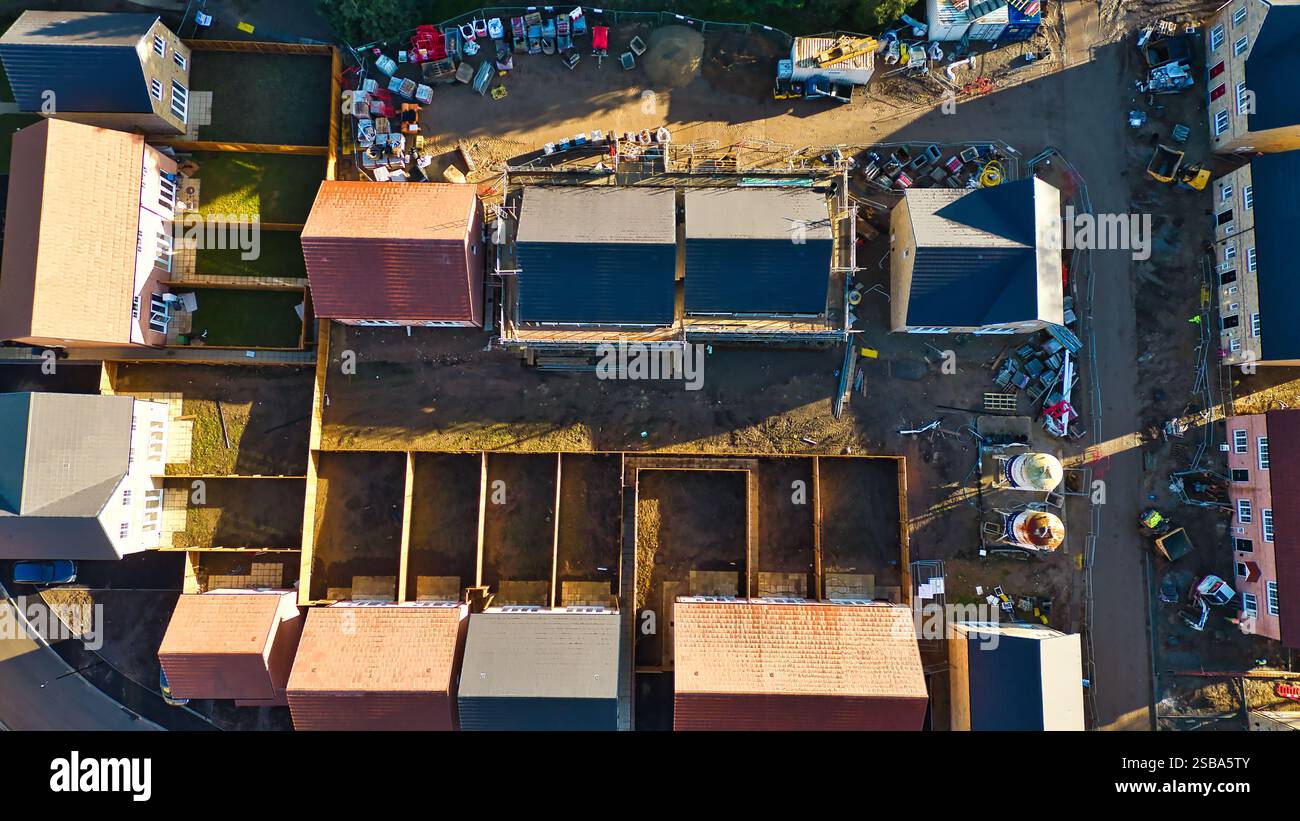 Aerial view of a residential construction site. Newly built homes and ...